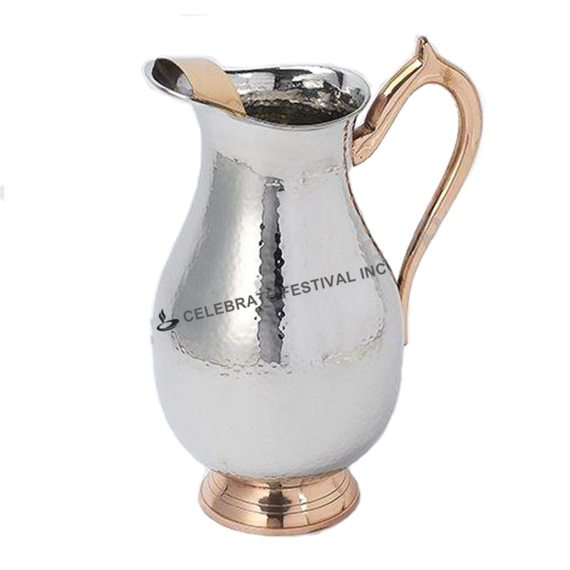 Hammered Stainless Steel Water Pitcher with Copper Handle & Ice Catcher ...
